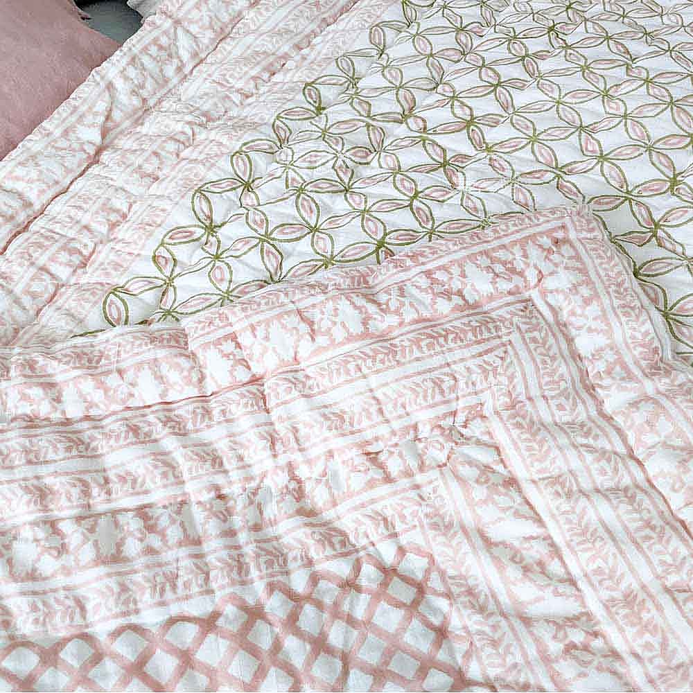 Abundance Cotton Quilted Bedspread | Pink and Green Block Printed ...