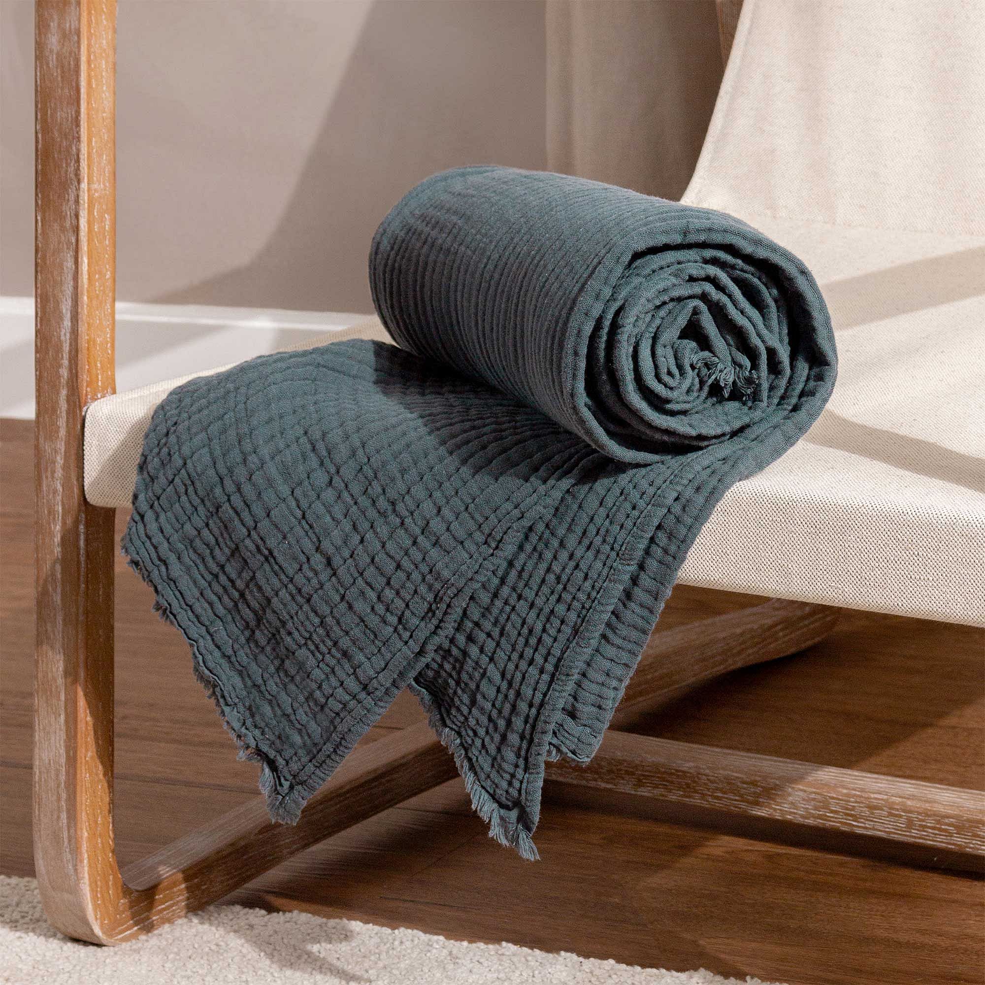 Apricity Dusk Blue Crinkle Throw | Crinkle Cotton Muslin Throw in Blue