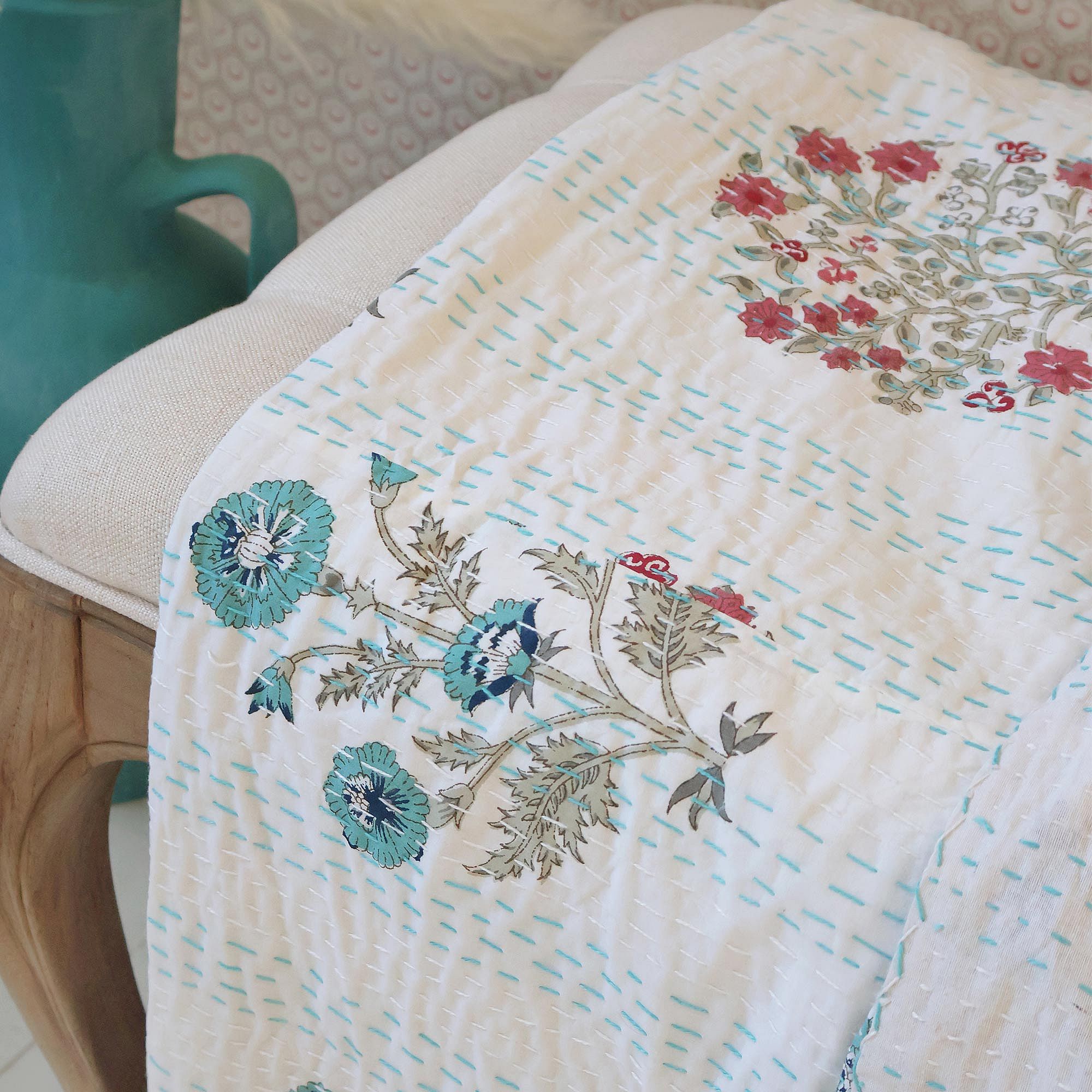 Berries and Blues Large Kantha Throw | Handmade Indian Block Printed ...