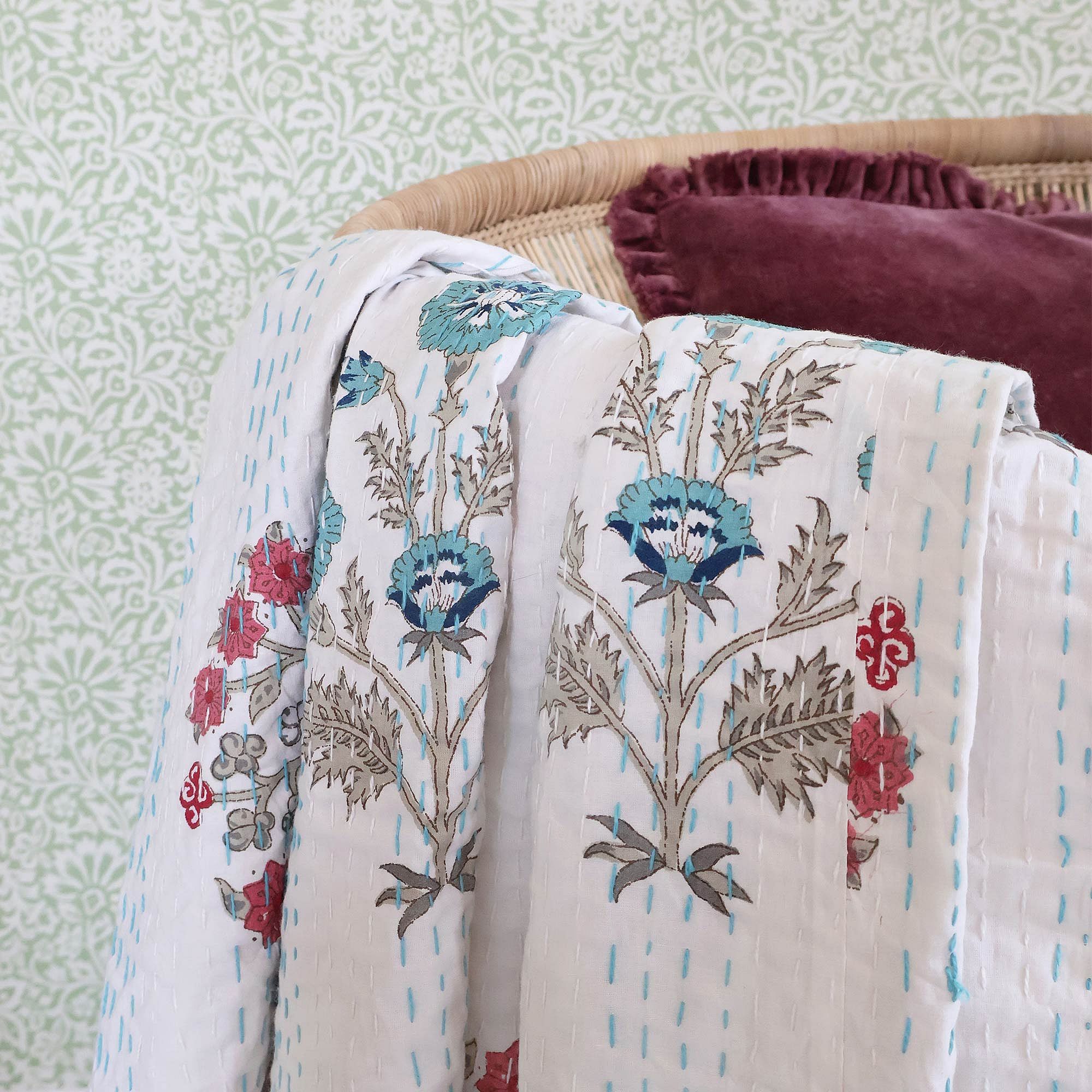 Berries and Blues Large Kantha Throw | Handmade Indian Block Printed ...