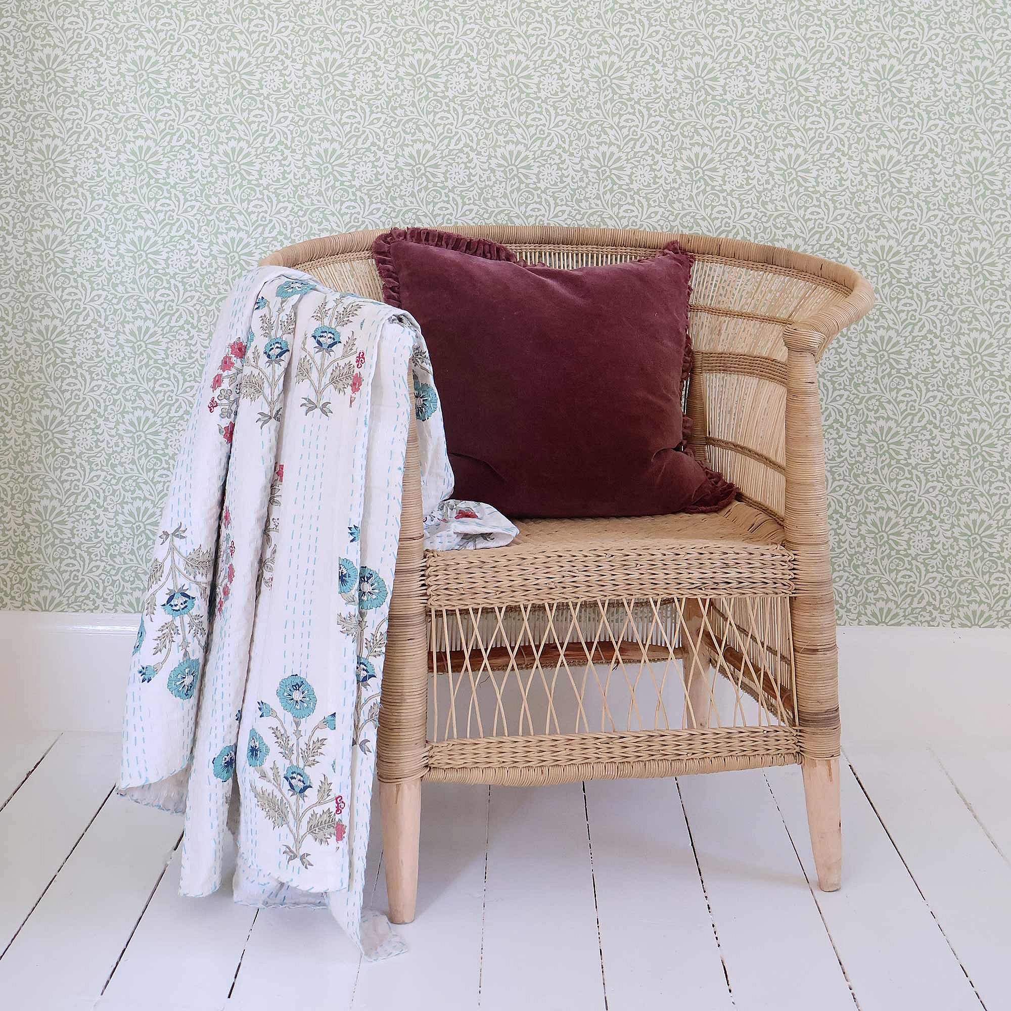 Berries and Blues Large Kantha Throw | Handmade Indian Block Printed ...