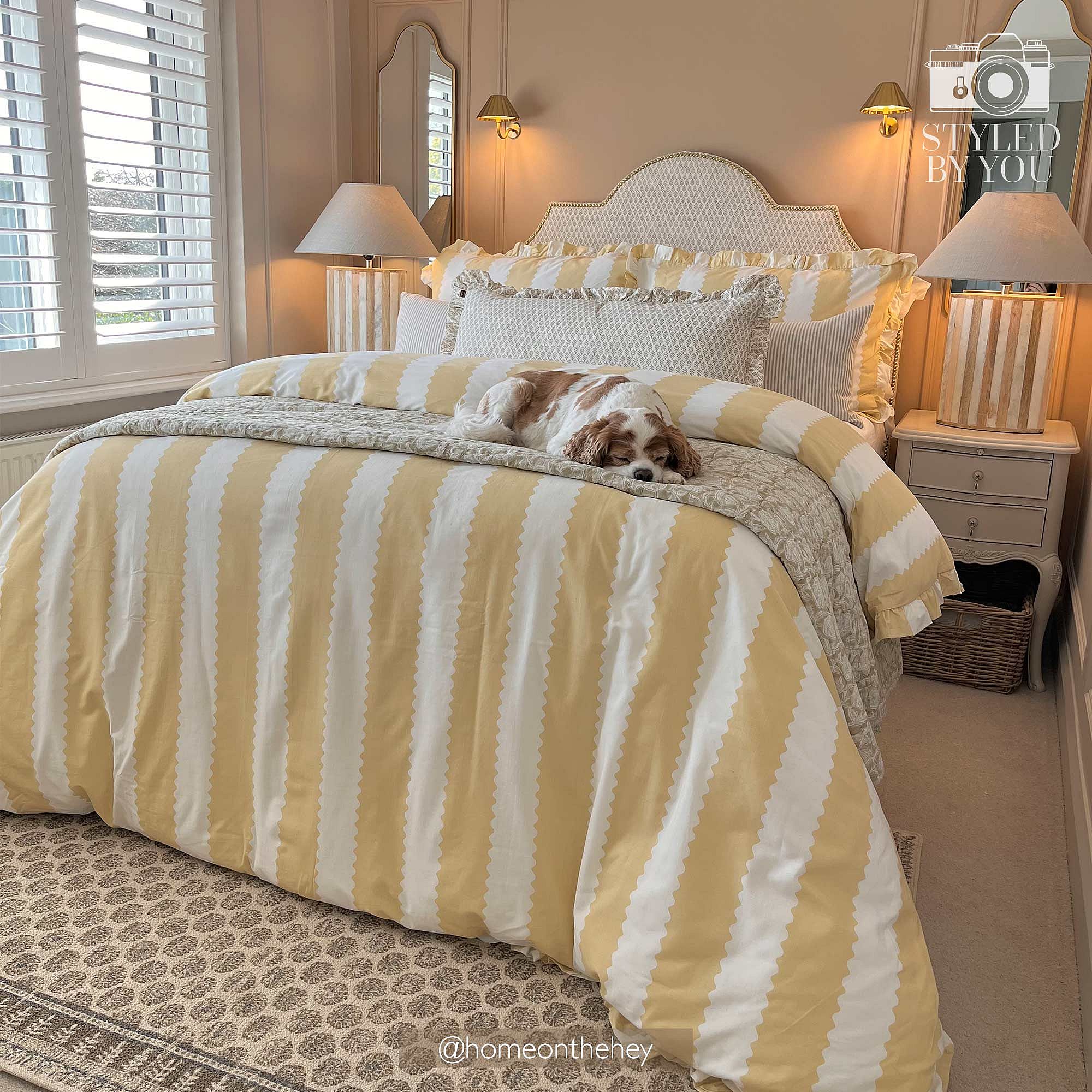 Birdie Stripe Bed Linen in Sunshine & Vanilla | Striped Yellow and White Bed Linen with Chunky ...