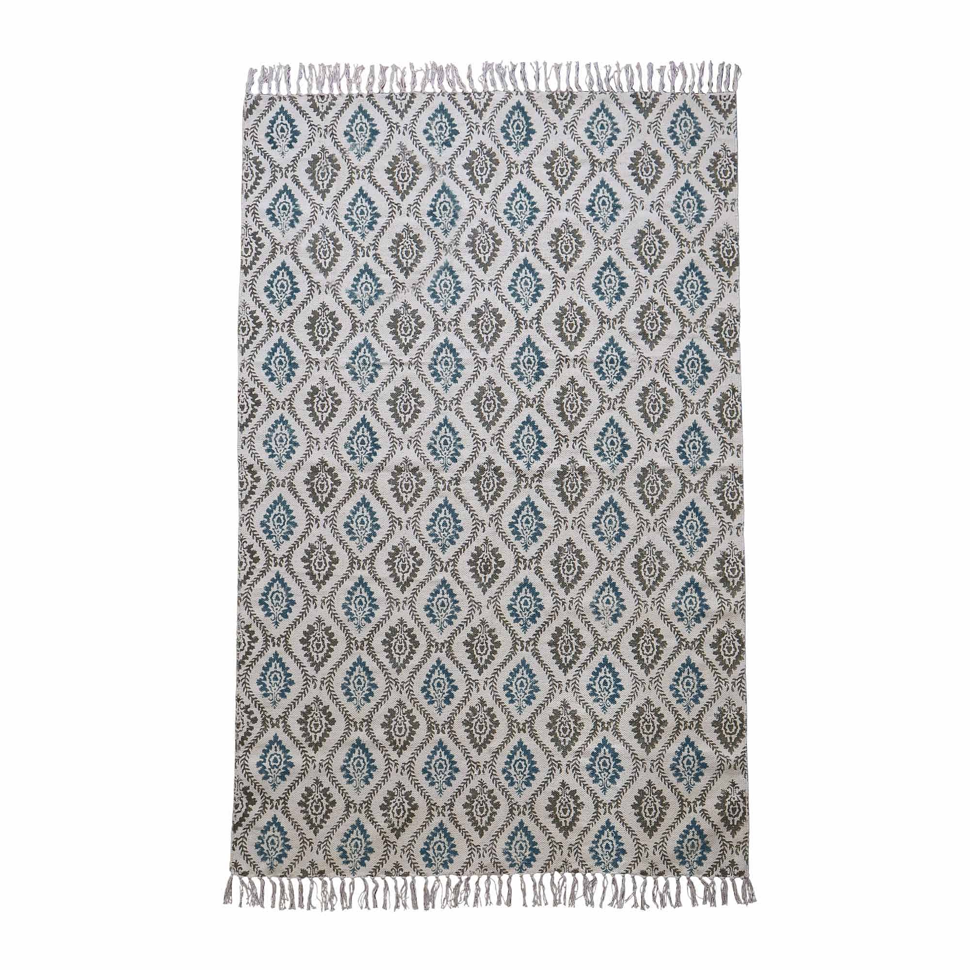 Blue Trellis Block Printed Rug | Blue Cotton Block Printed Rug
