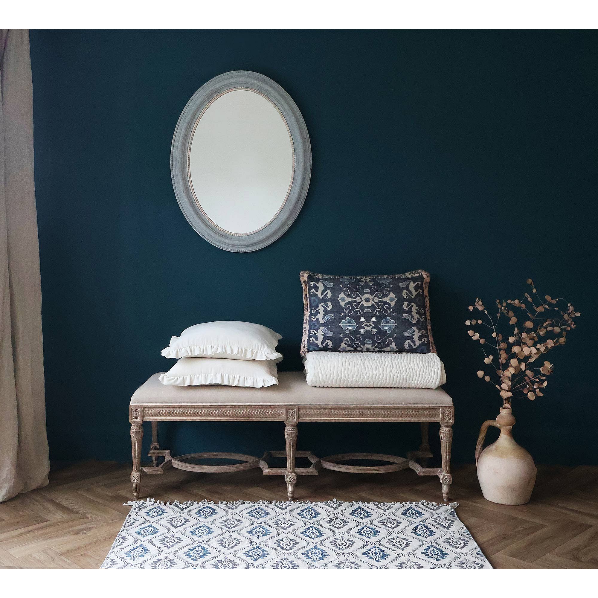 Frenchie Blue Grey Wall Mirror | Pale Grey Oval Wall Mirror