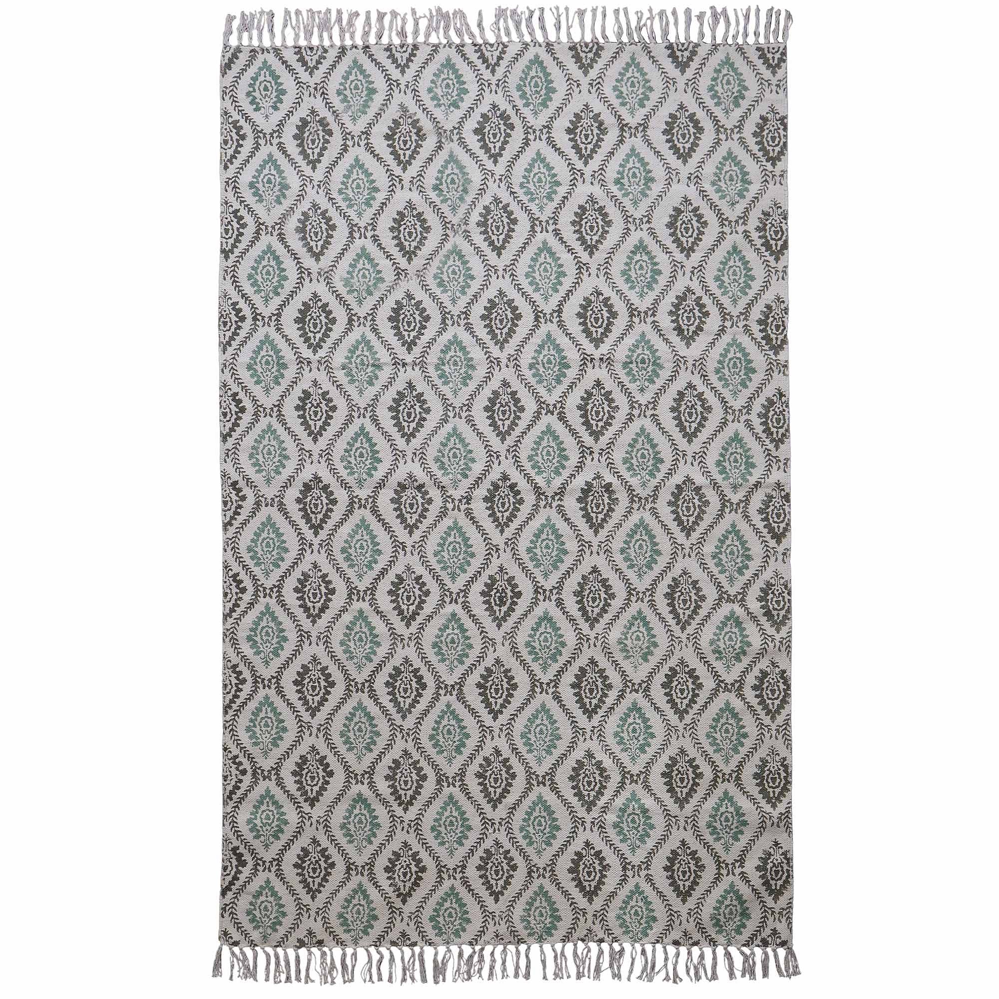 Green Trellis Block Printed Rug | Green Cotton Block Printed Rug