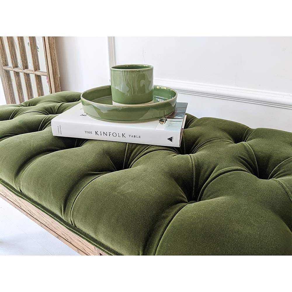 Love Story Green Velvet Bench | Hand-Carved Oak Frame Bench Upholstered ...