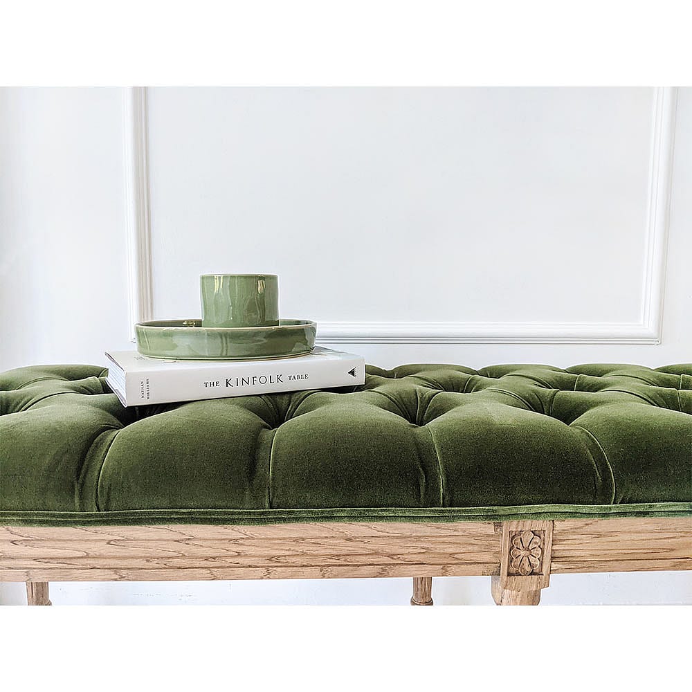 Love Story Green Velvet Bench | Hand-Carved Oak Frame Bench Upholstered ...