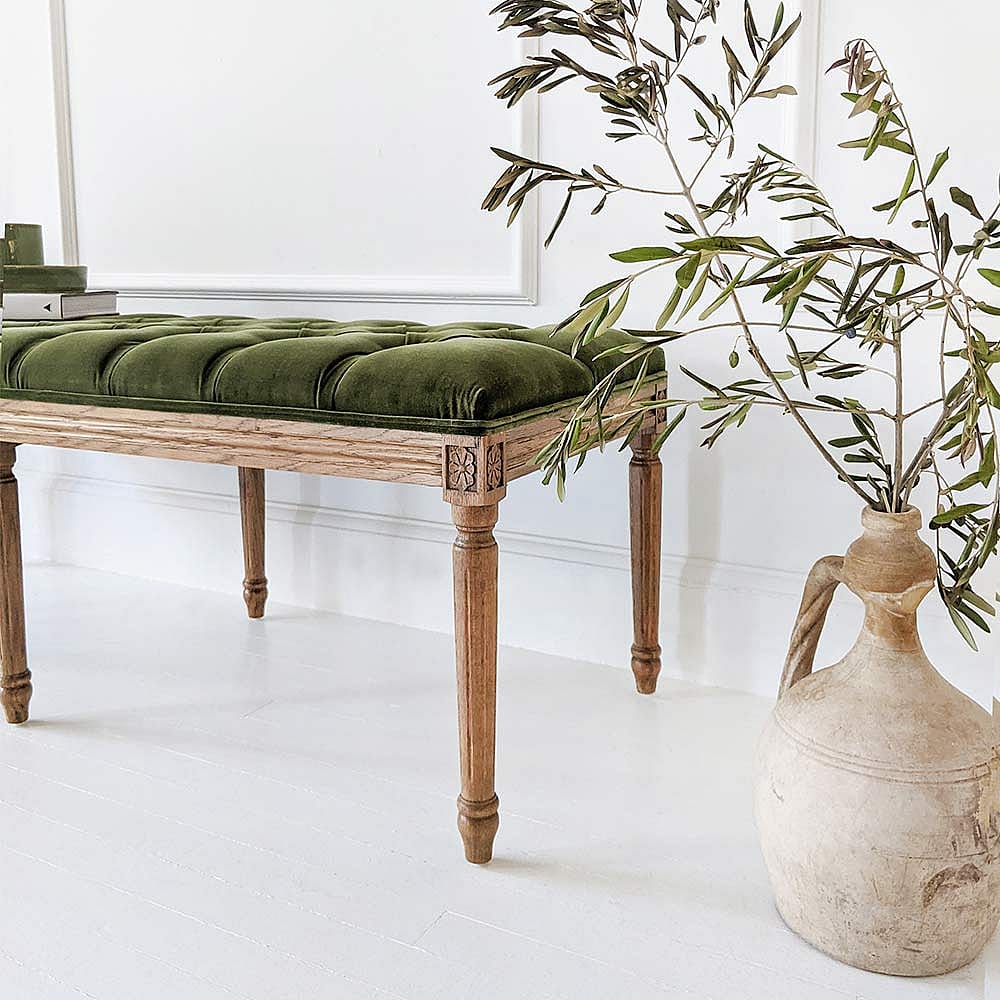 Love Story Green Velvet Bench | Hand-Carved Oak Frame Bench Upholstered ...