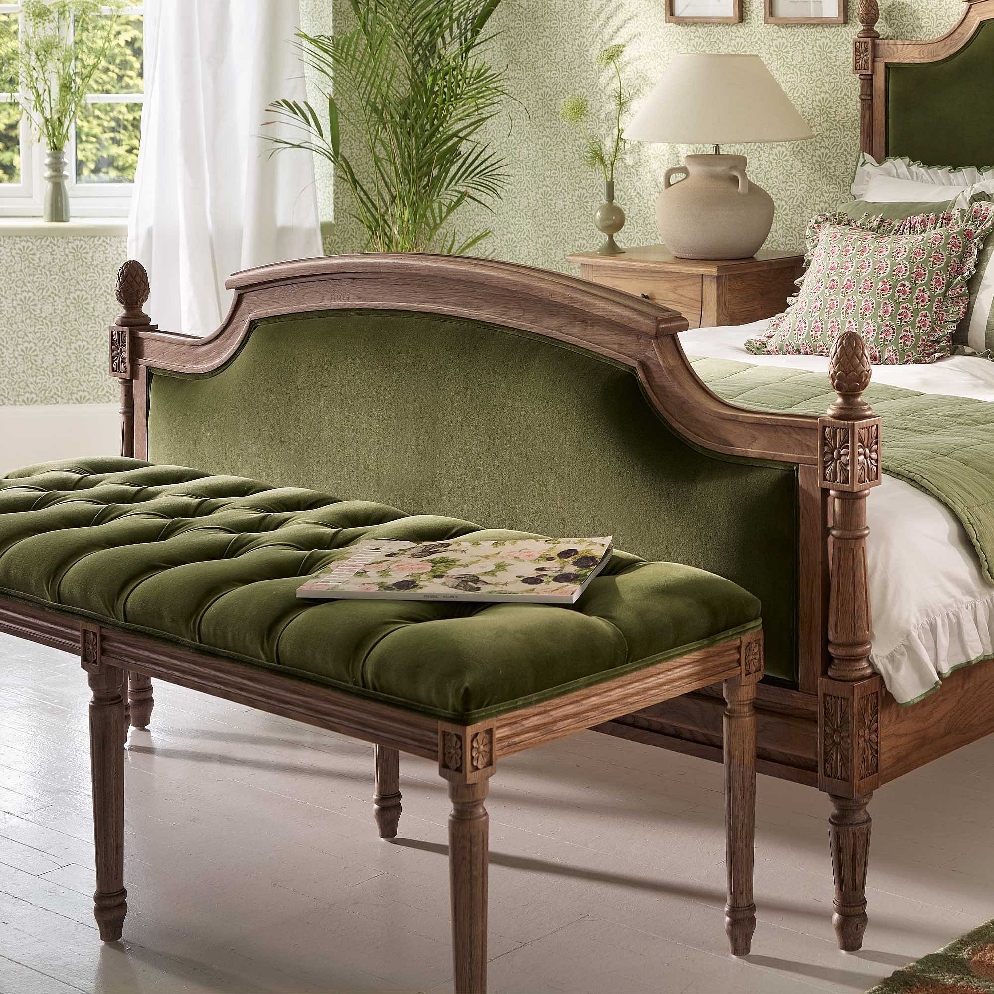Love Story Green Velvet Bench | Hand-Carved Oak Frame Bench Upholstered ...