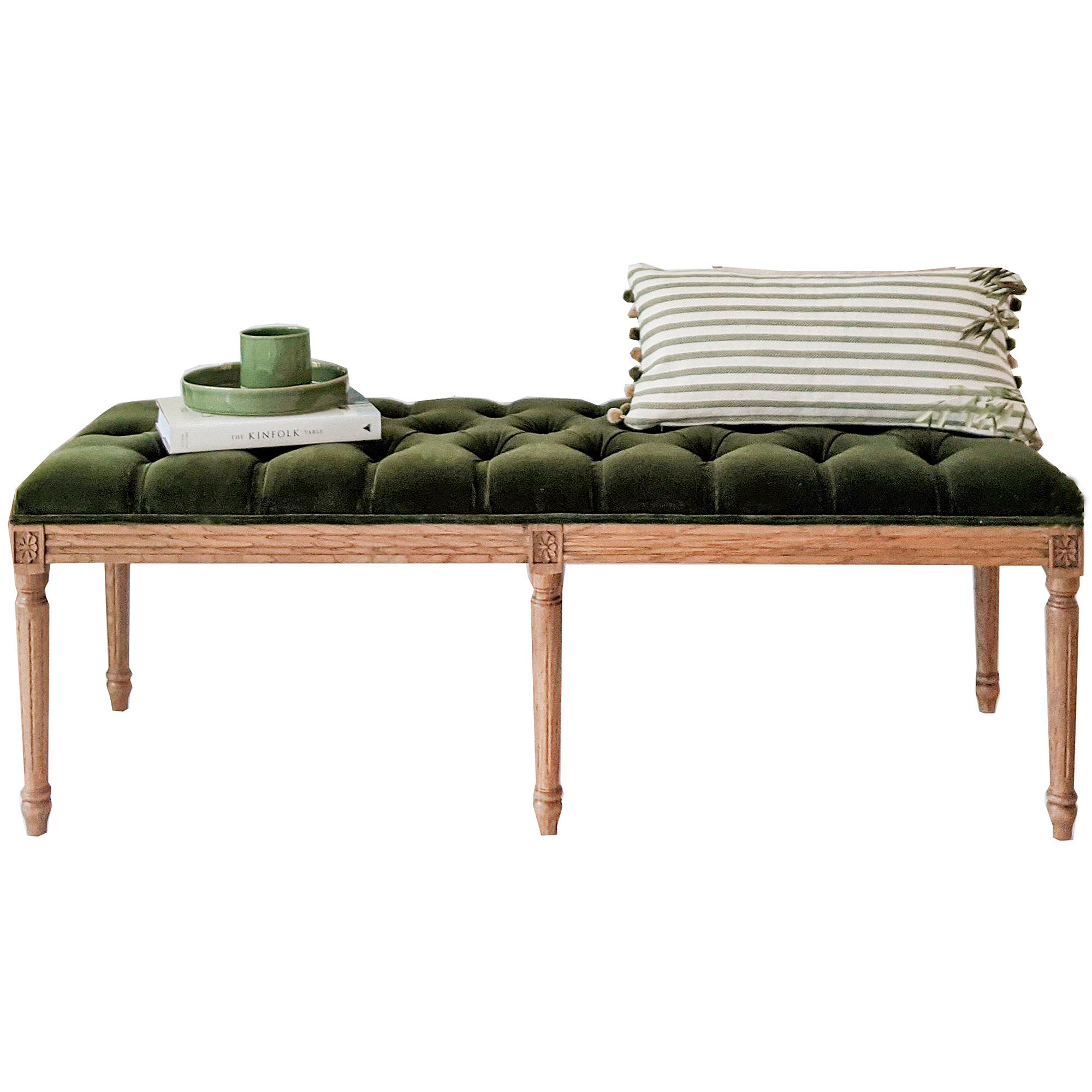 Love Story Green Velvet Bench | Hand-Carved Oak Frame Bench Upholstered ...