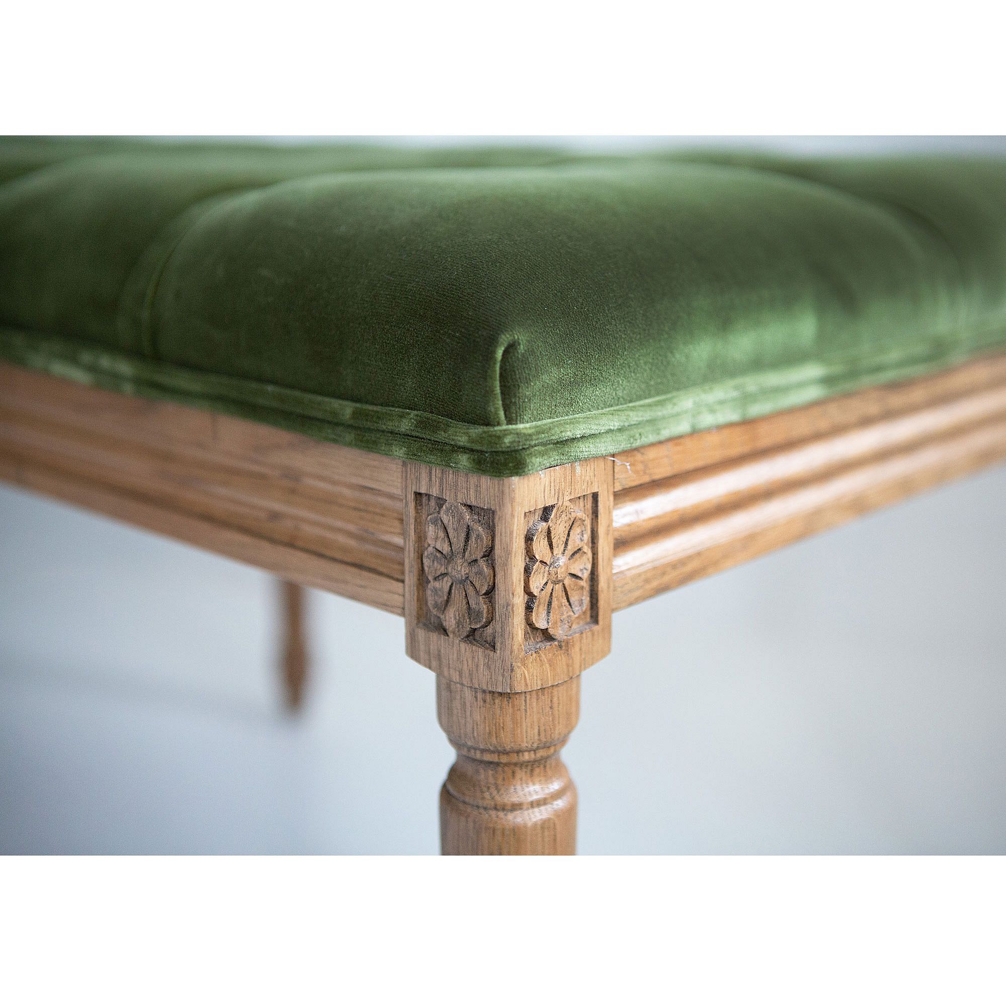 Love Story Green Velvet Bench | Hand-Carved Oak Frame Bench Upholstered ...