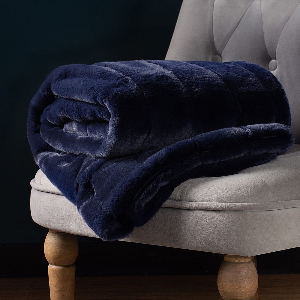 Mimi Faux Fur Throw in Rich Navy | Soft Faux Fur Blue Throw Bedspread ...