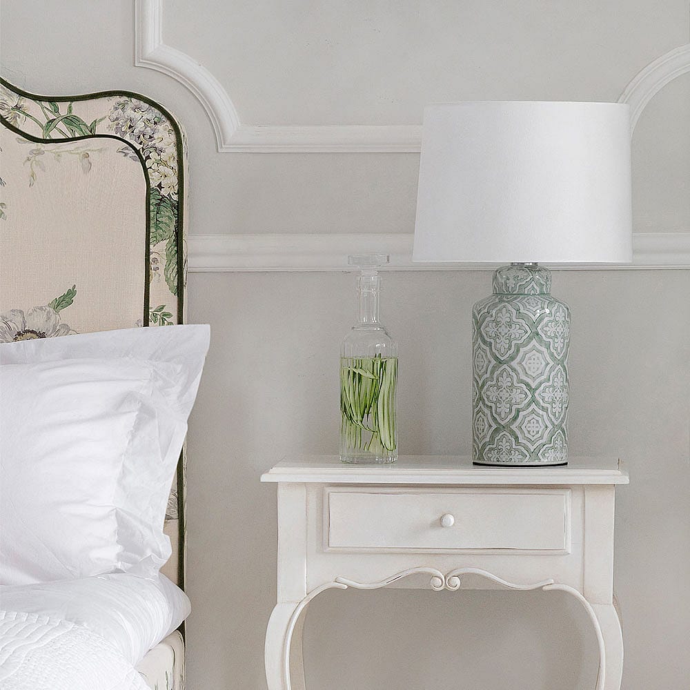 Moorish Verde Green Lamp | Ceramic Table Lamp with White Cotton Shade