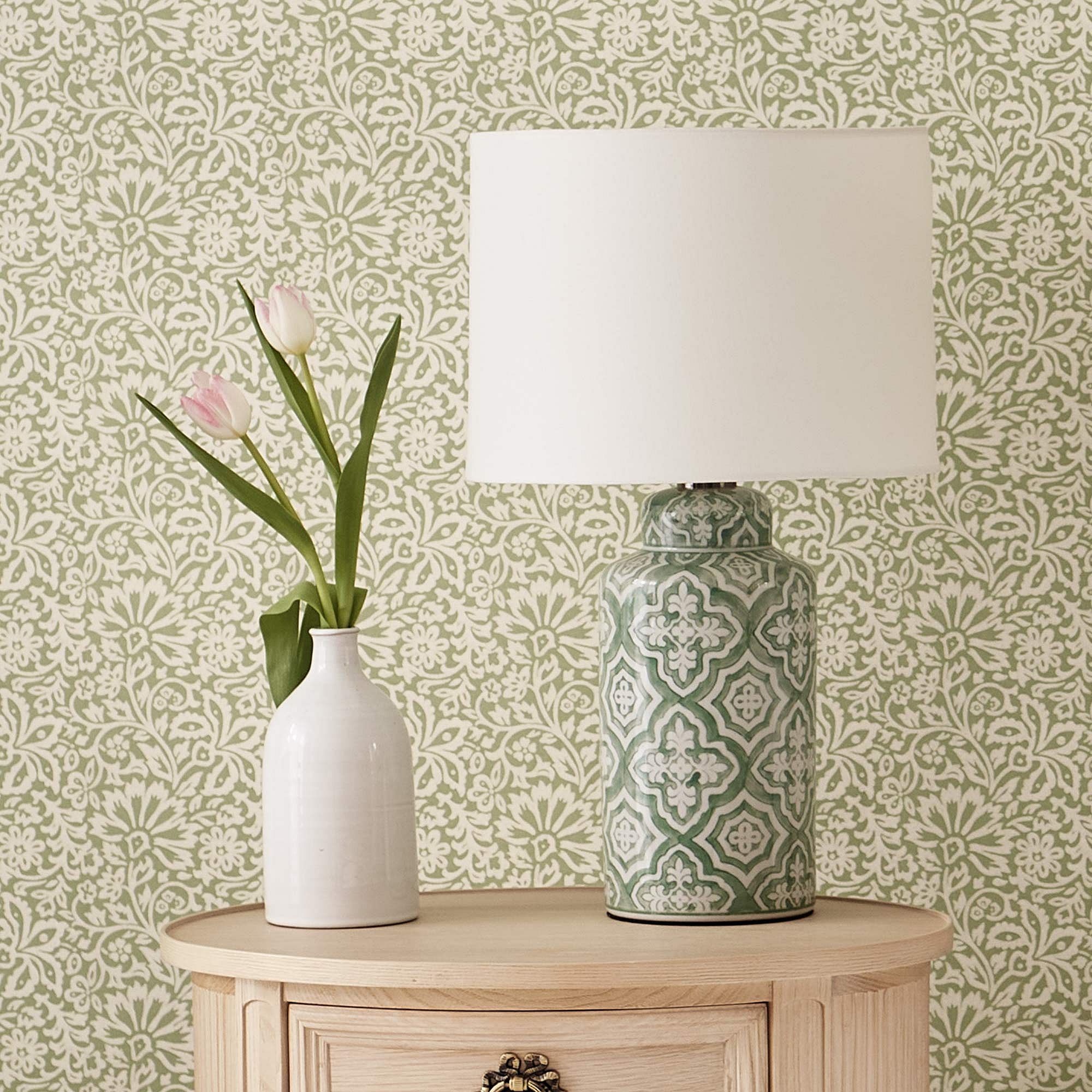 Moorish Verde Green Lamp | Ceramic Table Lamp with White Cotton Shade