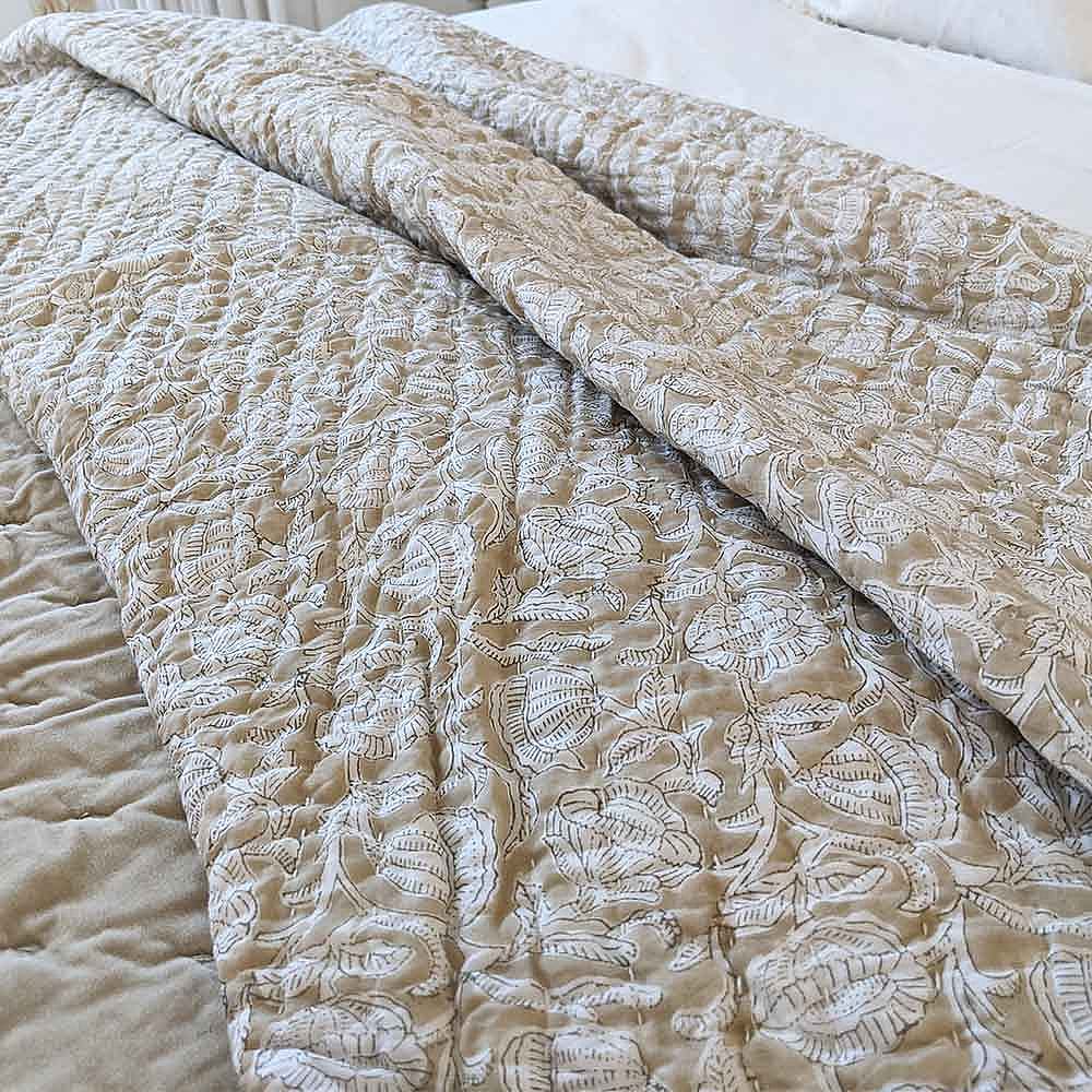 Chai Latte Block Print Bedspread | Lightweight Quilted Block Printed ...