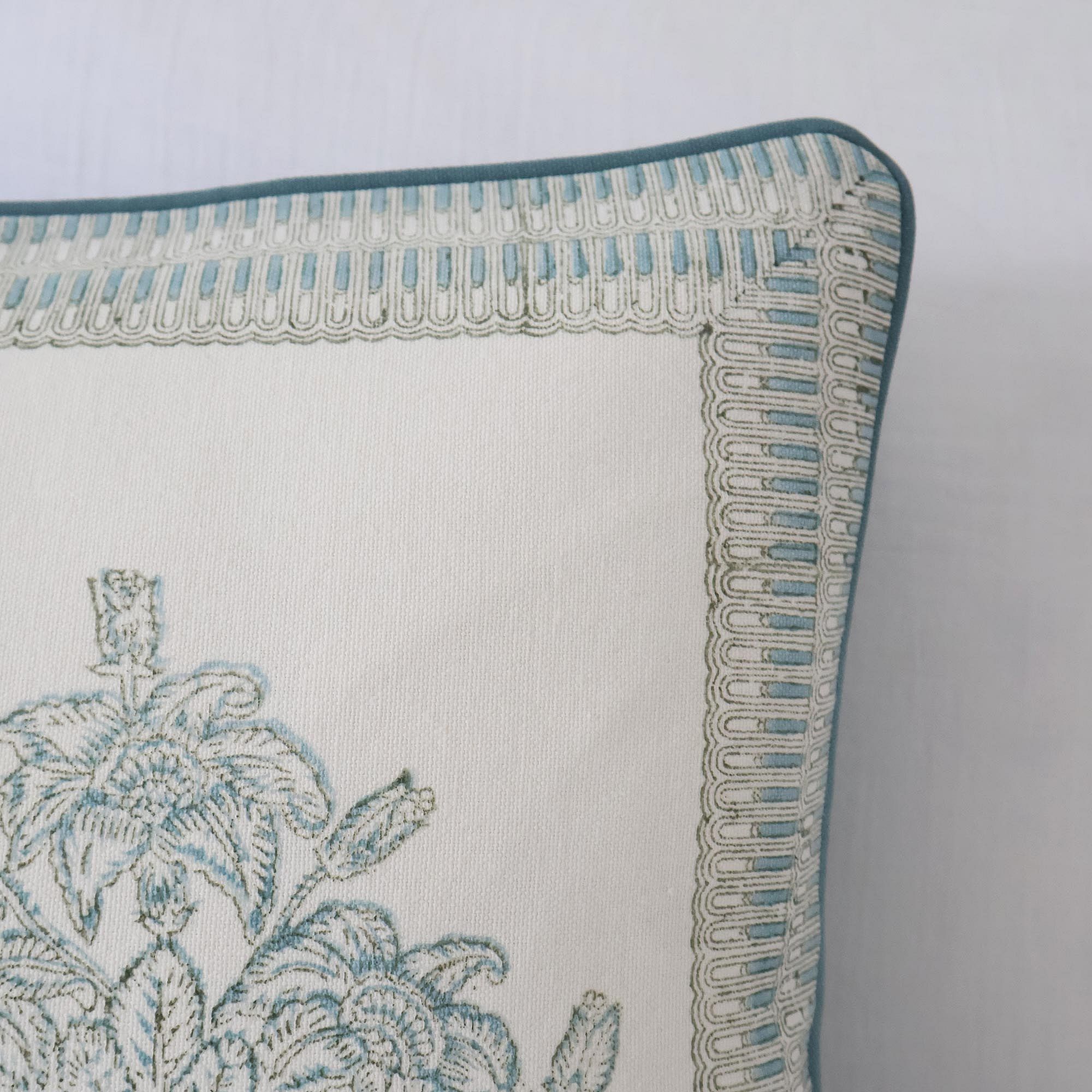 Roza Blue Azur Cushion | Handmade Handblock Boudoir Cushion with Piped ...
