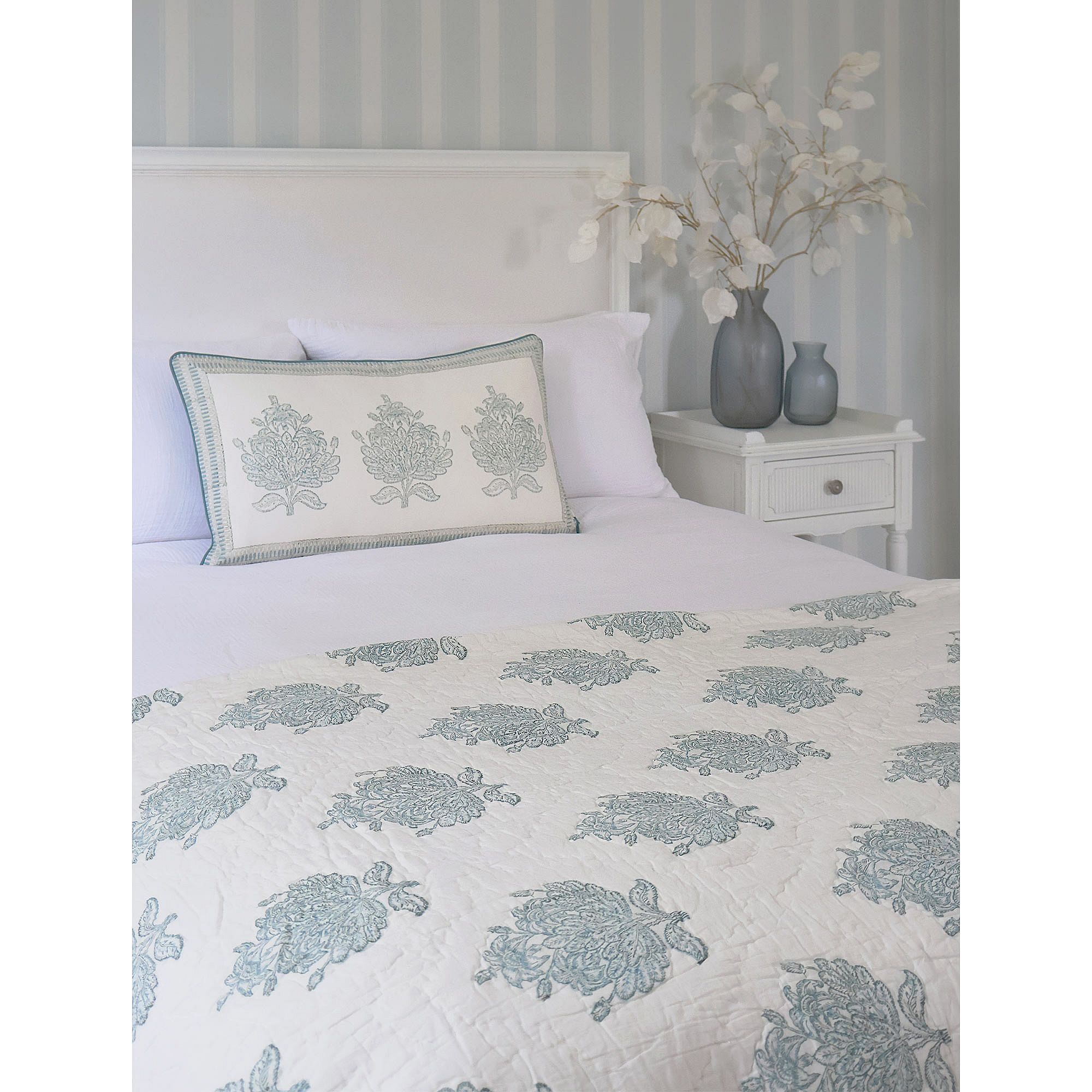 Roza Blue Azur Cushion | Handmade Handblock Boudoir Cushion with Piped ...