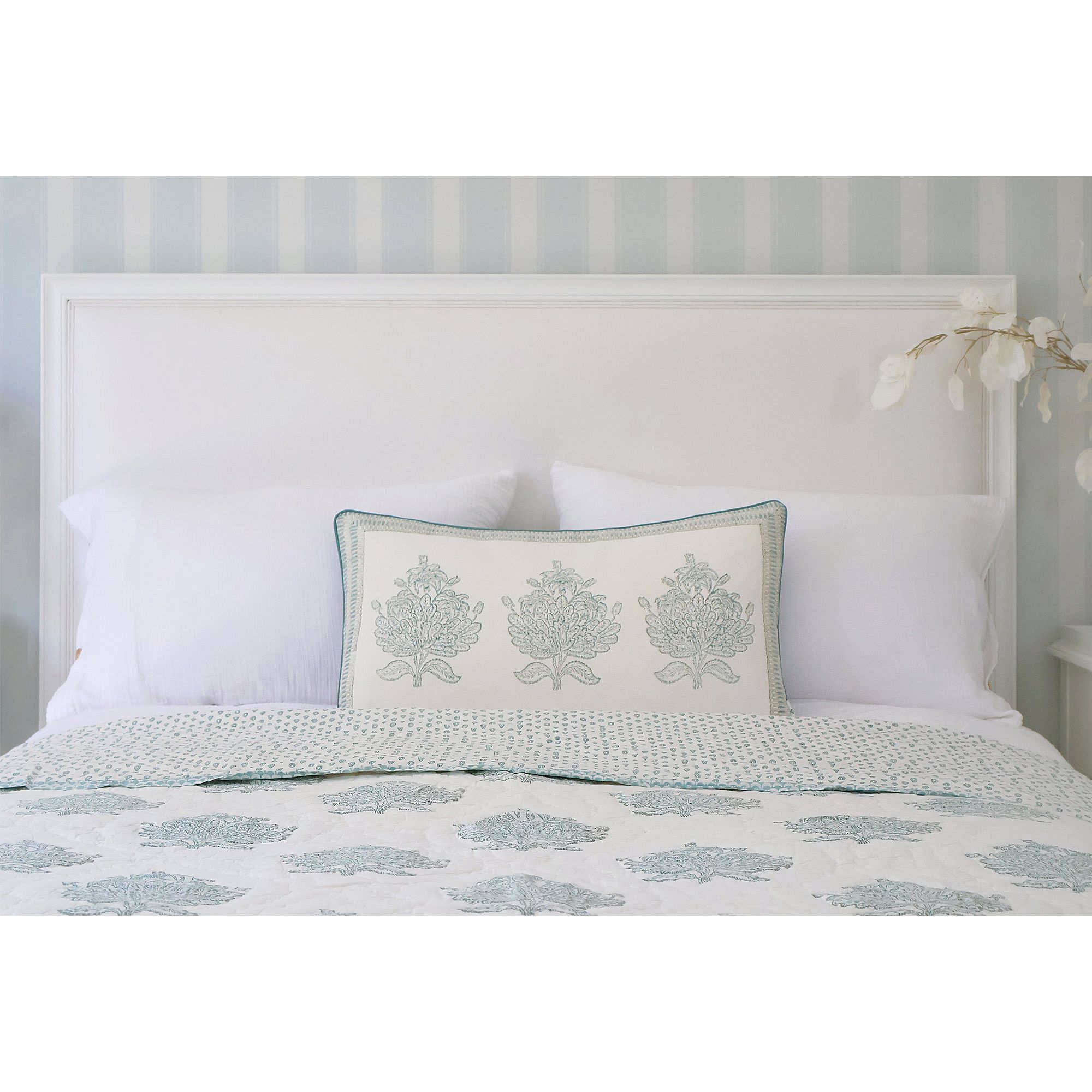 Roza Blue Azur Cushion | Handmade Handblock Boudoir Cushion with Piped ...