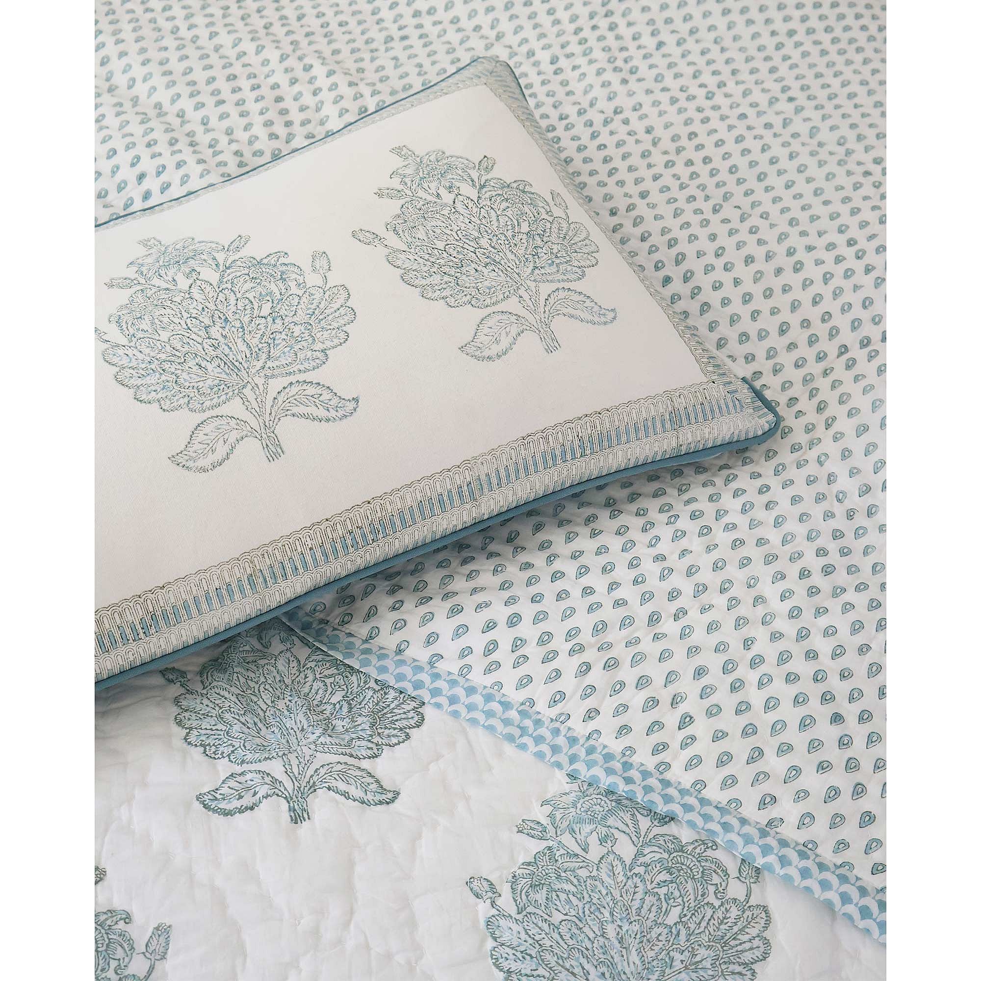 Roza Blue Azur Cushion | Handmade Handblock Boudoir Cushion with Piped ...