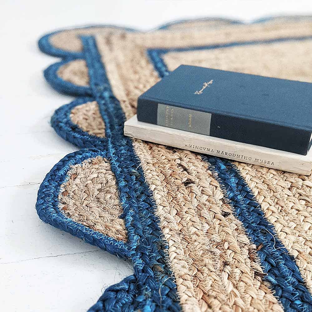 Sundar Scallop Blue Jute Runner | Blue Wave Edge Jute Rug Floor Mat