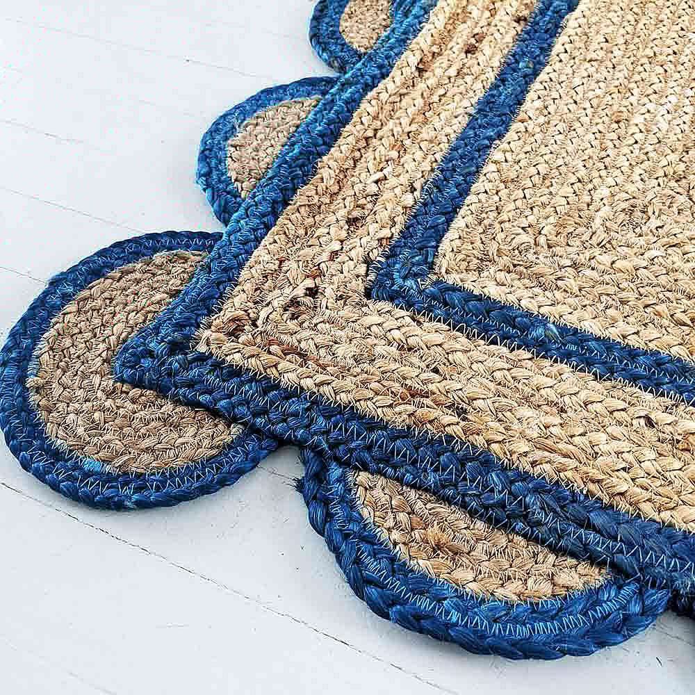 Sundar Scallop Blue Jute Runner | Blue Wave Edge Jute Rug Floor Mat