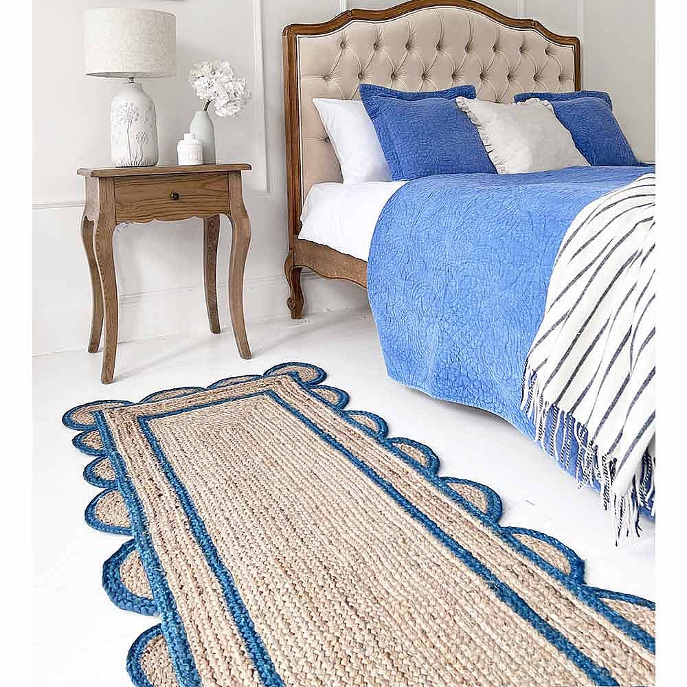 Sundar Scallop Blue Jute Runner | Blue Wave Edge Jute Rug Floor Mat
