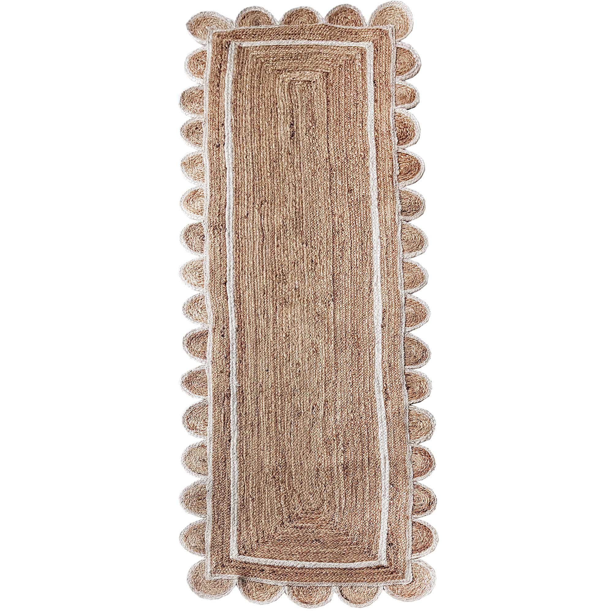 Sundar Scallop White Runner | White Scalloped Edge Jute Rug Floor Mat