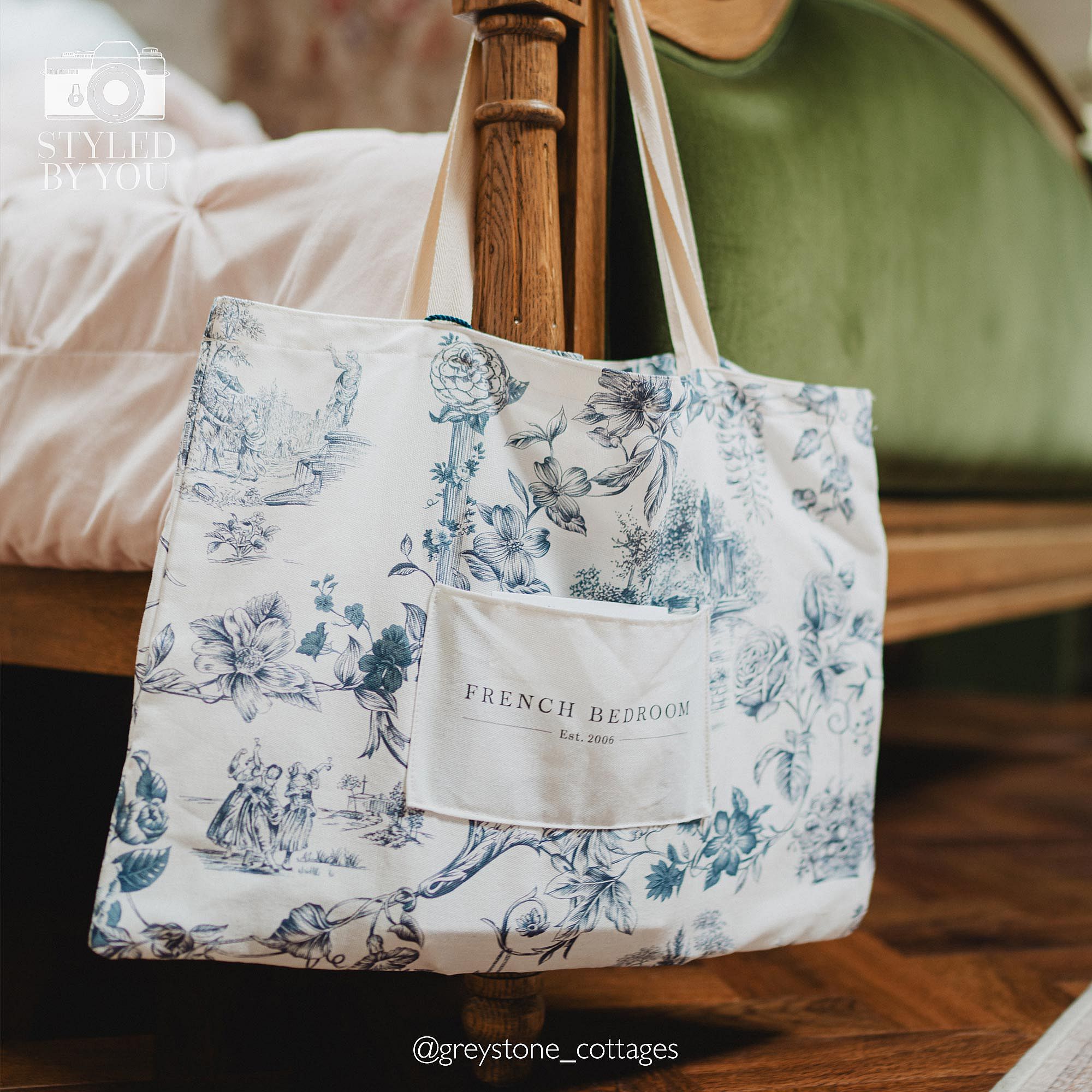 French Toile Tote Bag | Toile Vintage Style Cotton Shoulder Bag with Tassel