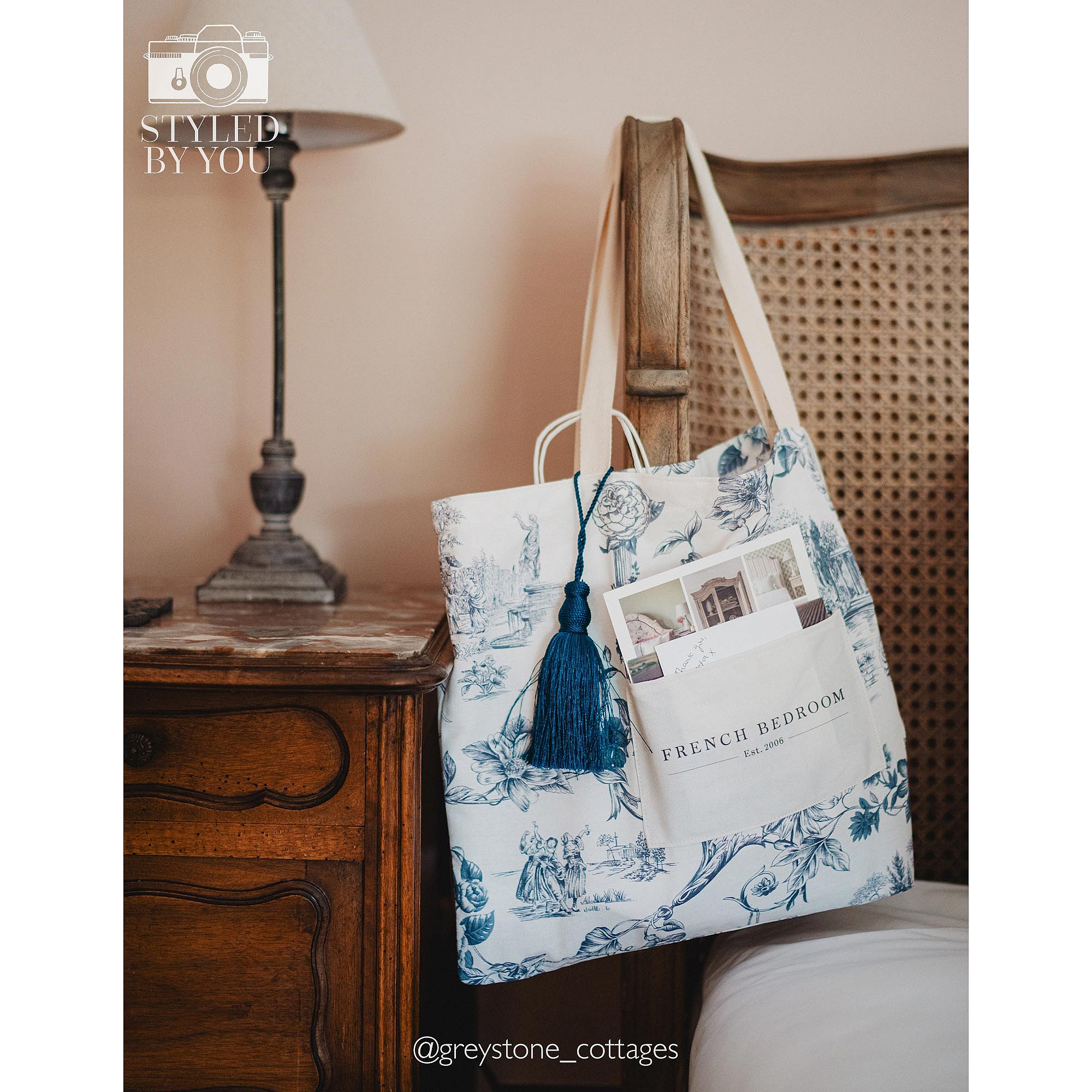 French Toile Tote Bag | Toile Vintage Style Cotton Shoulder Bag with Tassel