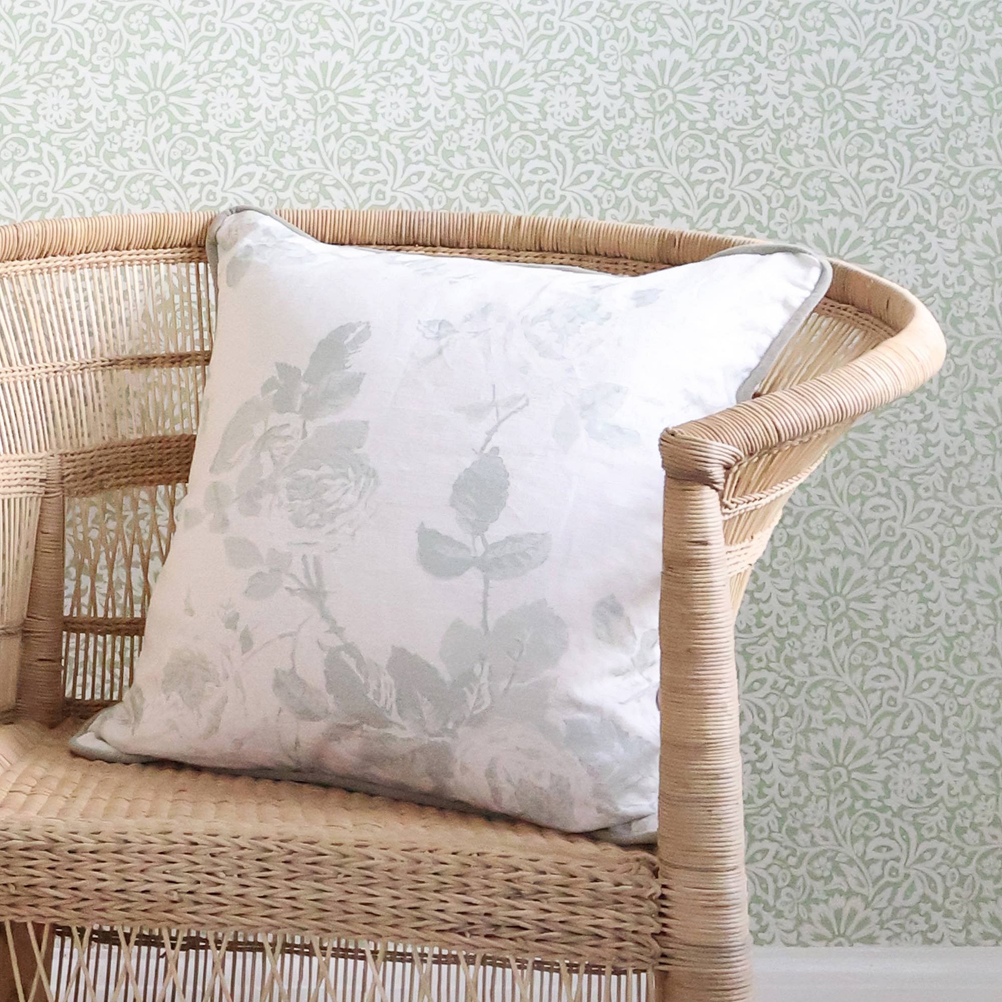 Tumbling Roses Cushion | Handmade Pale Floral Square Cushion