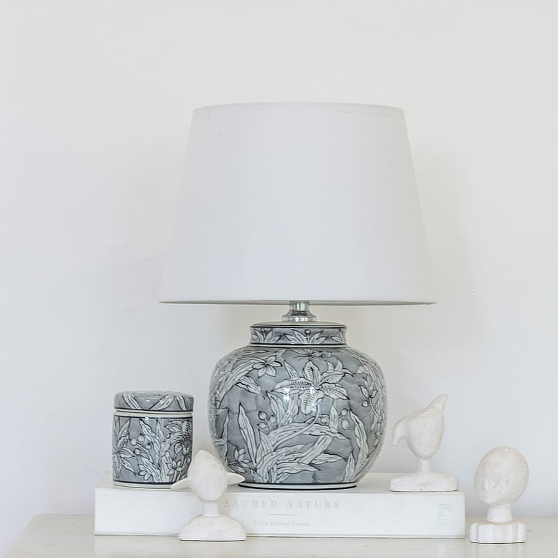 Botanical Grey Ceramic Lamp | Grey Ceramic Bedisde Table Lamp