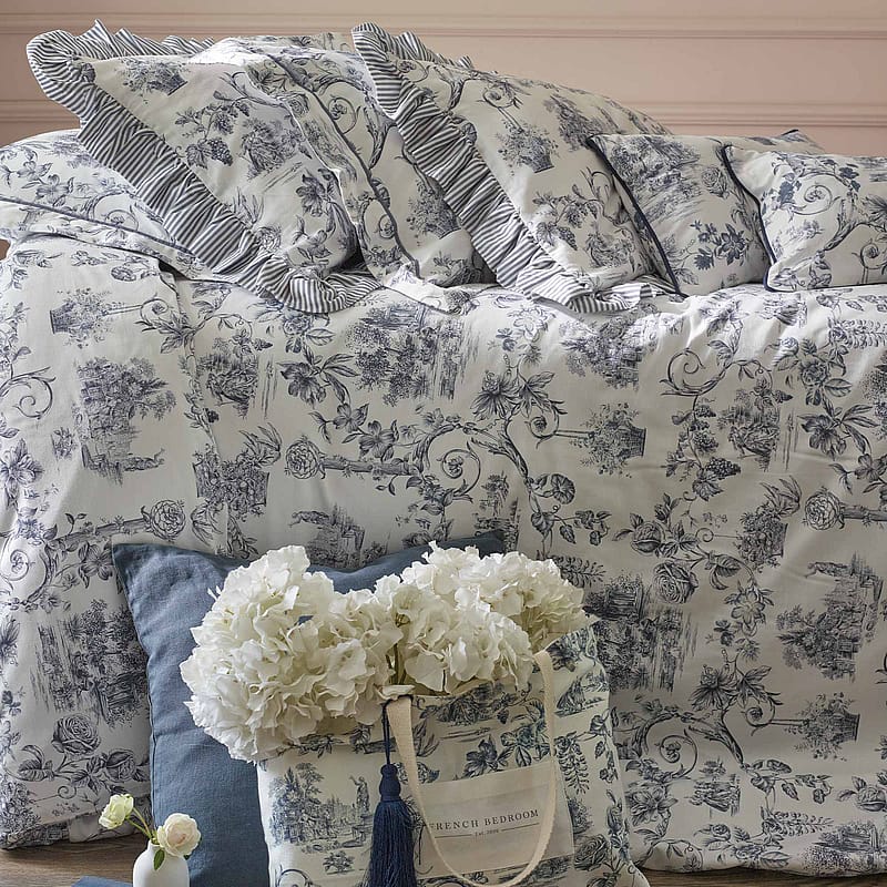 French Toile Blue Bed Linen Set | 100% Cotton Bed Linen Set with a ...
