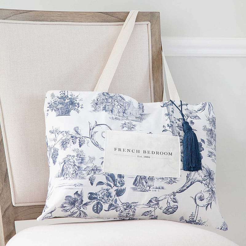 French Toile Tote Bag | Toile Vintage Style Cotton Shoulder Bag with Tassel