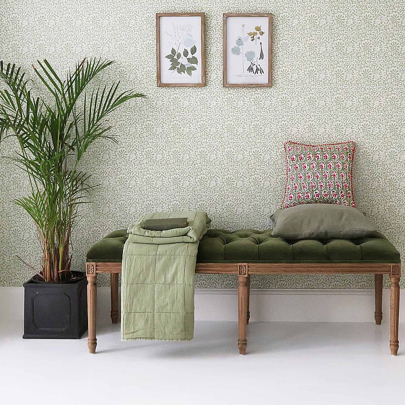 Love Story Olive Green Velvet Bench | Hand-Carved Oak Frame Bench ...