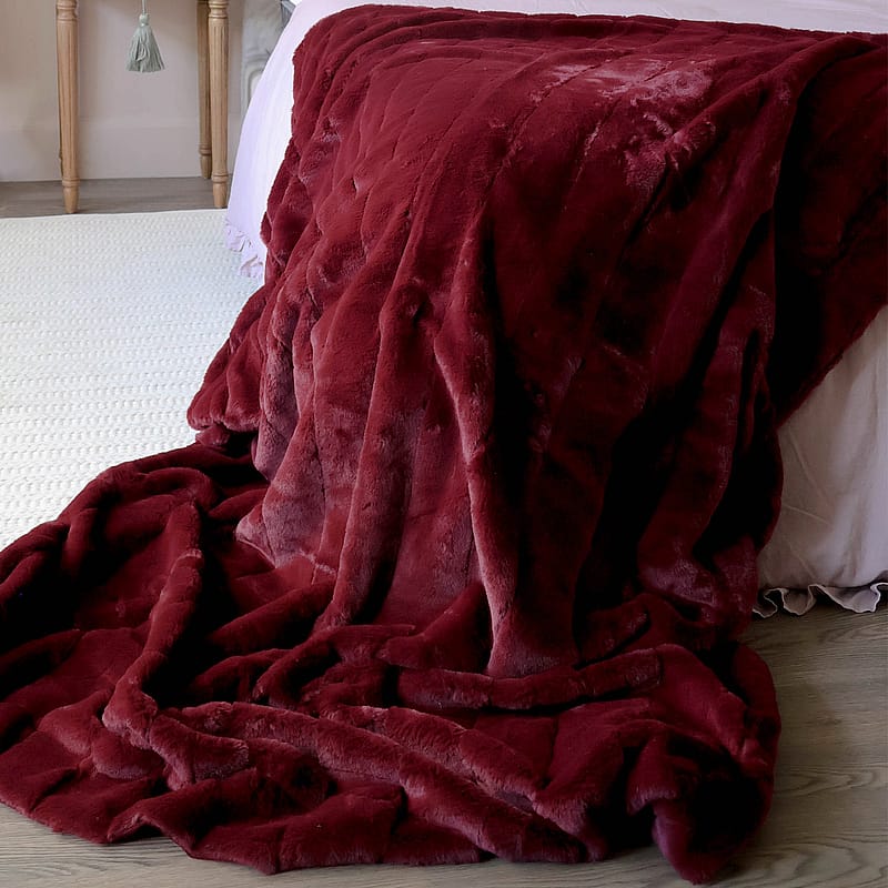 Pinot & Pomegranate Faux Fur Throw | Deep Berry Red Faux Fur Ribbed and ...