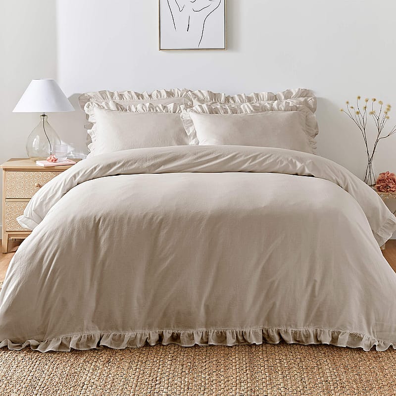 Romance Ruffle Cotton Bed Linen Set in Oatmeal | Frilled Ruffle Trim ...