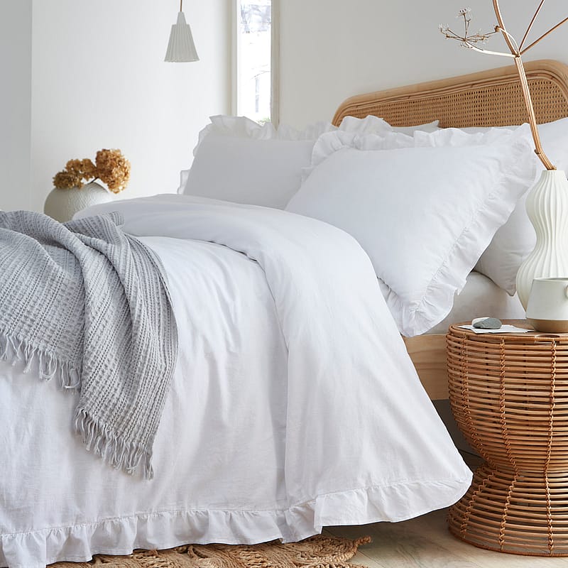 Ruffled Romantic Bed Linen Set | 100% Cotton Frilled Ruffle Trim White ...