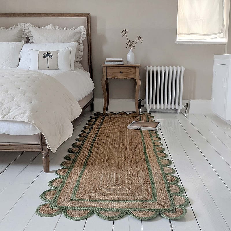Sundar Scallop Green Runner | Green Scalloped Edge Jute Rug Floor Mat